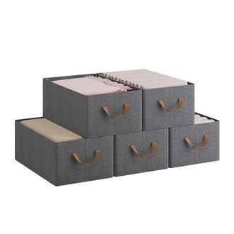 Woltu Boîte de Rangement Pliable, Lot de 5 Paniers de Rangement en Tissu Non-Tissé, avec Poignées, pour Vêtements et Jouets, Gris, 47x28x20 cm