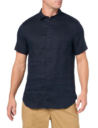 A|X Armani Exchange Mens Short Sleeve Linen Button Down Shirt. Regular Fit. Blue,M