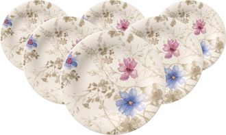 Villeroy & Boch Mariefleur Gris Basic Frühstücksteller 6er Set, 21 cm, Dessertteller mit vollflächigem Blumendekor, Premium Porzellan, Weiß/Bunt
