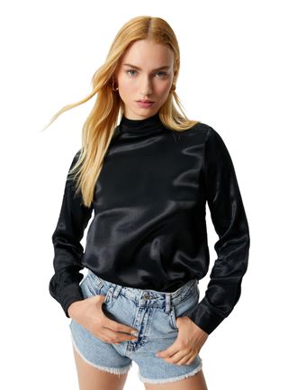 Koton Women High Neck Front Tie Detail Blouse