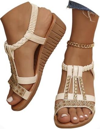 Onsoyours Sandale Femme Compensees Été Mode Élégance Mules Sandales Bout Ouvert Rome Strass Bride Cheville Chaussures Pour Plage Vacances B Beige 42 EU, XY21062