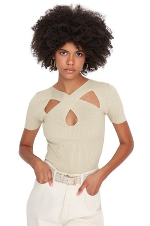 Trendyol Trendyol Womens Asymmetrischer Kragen Unifarben Regular Bluse Shirt, Stone, M