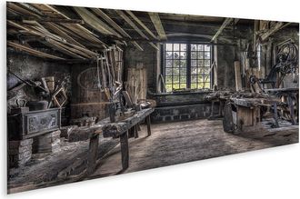 Islandburner Bild auf Leinwand Alte Werkstatt mit Holz und Werkzeugen im Sonnenlicht Bilder Wandbilder Poster