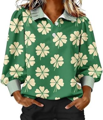 Generic Chemises de la Saint-Sylvestre porte-bonheur &agrave; manches longues boutonn&eacute;es &agrave; revers chemise en satin vert tr&egrave;fle imprim&eacute; comme du satin haut d&eacute;contract