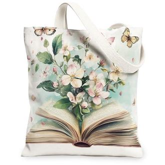 Generic Sac fourre-tout en toile r&eacute;utilisable pour le shopping, 33 x 38 cm, livre amusant, fleurs, papillons, sac d&eacute;picerie r&eacute;utilisable pour femme, peinture 