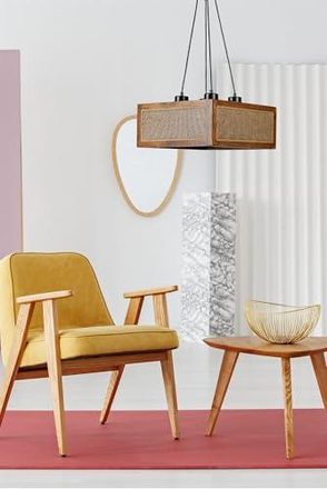 Opviq Elegant Chandelier with FIR Wood Body & Natural Fabric Cap, Adjustable Height 70 cm, E27 Socket, Rattan & Walnut Design | Stylish Lighting for Modern 