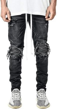 Generic Pantalon de Cowboy pour Homme, Coupe Slim, Jean Skinny d&eacute;chir&eacute; Noir avec Trous us&eacute;s et Jambes empil&eacute;es Modernes