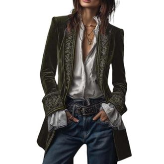 Generic Veste vintage en velours brod&eacute; pour femme, coupe ajust&eacute;e, tendance, l&eacute;g&egrave;re, gothique, dentelle, pirate, Vert, 3XL