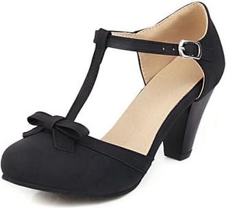 Generic Escarpins Mary Janes &agrave; talon &eacute;pais avec noeud ferm&eacute; et bout rond et sangle en T pour femme pour f&ecirc;te et d&eacute;contract&eacute;, Noir, 38.5 EU