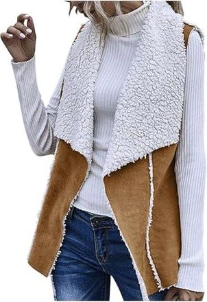 Generic 2026 Vestes d&eacute;contract&eacute;es pour femme avec revers ouvert sur le devant, fausse veste polaire sans manches, caf&eacute;, M