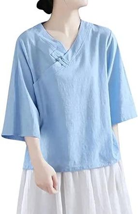 Generic Chemises d&eacute;t&eacute; en coton et lin pour femme, t-shirt chinois &agrave; manches cinq points, coupe ample et confortable, col en V, bleu, 3XL