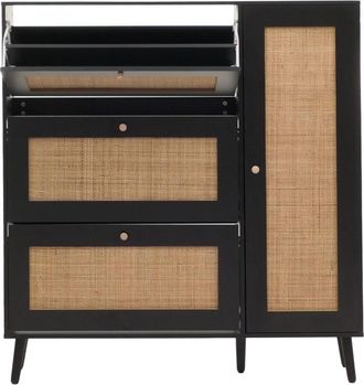 Hhg Rattan-Schuhkipper 214, Schuhregal Schuhschrank, 3 Kippf&auml;cher 2 Regalb&ouml;den 127x120x24cm Holz Melamin schwarz
