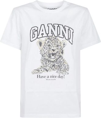 Ganni Femme, Tops, Blanc, Taille: 42 FR Basic Jersey Leopard Relaxed Tee
