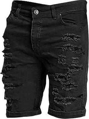 Generic Short en jean déchiré pour homme - Demi-pantalon skinny extensible avec poche - Denim brut - Coupe à trou - Demi-pantalon cool et élégant - Jean slim 