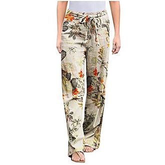 Generic Pantalon Large en Lin Femme L&eacute;ger Ample Fluide Pantalon Femme Fleuri Grande Taille &Eacute;tanch&eacute;it&eacute; Lin D&eacute;contract&eacute; Poche Imprim&eacute; Coton Grande Pantacourts F