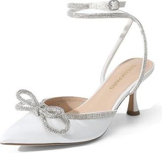 Dream Pairs Escarpins Femme Petit Talon Slingback &Agrave; Bout Pointu avec Noeud Strass Et Bride Cheville - Chaussures De Soir&eacute;e Mariage C&eacute;r&eacute;monie,Size 41.5,Blanc,DWUMP