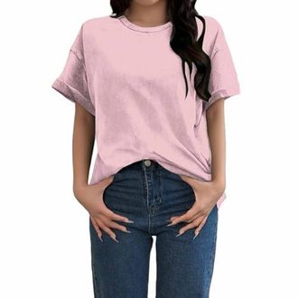 Generic Hauts en coton pour femme - T-shirt uni &agrave; manches courtes - T-shirt basique &agrave; col rond - T-shirt d&eacute;t&eacute; confortable et doux - Tunique ample pour les vac