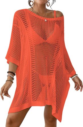 Bsubseach Strand Cover Up Sexy Ausgeh&auml;keltes Cover Up Gestrickte Strand-Outfits mit Fledermaus&auml;rmeln Orange