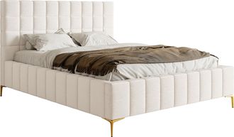 Selsey Bett Polsterbett Doppelbett 180 x 200 cm Mit Bettkasten Metallrahmen Goldene Beine Gasdruckfeder Schlafbett Chenille Creme Szejlo