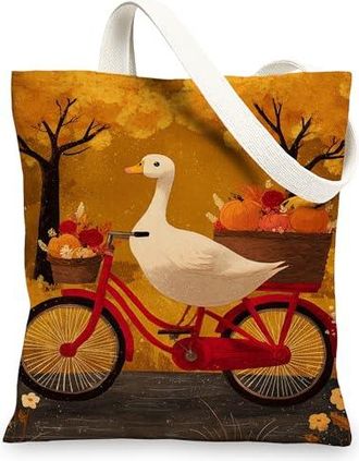 Generic Sacs à bandoulière en toile pour lautomne, motif vélo de canard, réutilisables, rustiques, vintage, légers, lavables, citronier, 13x15 Inch
