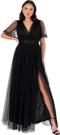 Anaya with Love Ladies Maxi Dress Women V Neckline Short Sleeve Frilly Long Empire Waist for Wedding Guest Bridesmaid Maid of Honour, Black, 52 Femme