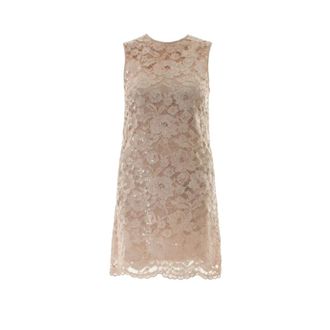 Twinset Kurzes &auml;rmelloses Spitzenkleid mit Pailletten - - Dresses - Damen - Beige - M