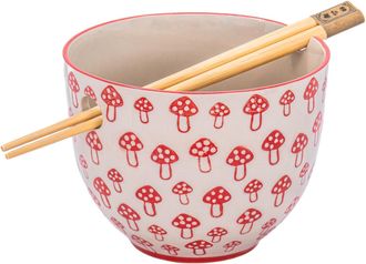 Sass & Belle Pilznudelschale mit Essstäbchen - Niedliches Ramenschüssel-Set aus Keramik für Nudeln, Suppen oder Reis - lustige Küchengeschenkidee