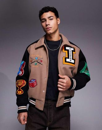 Icecream Trick Shot - Veste Teddy &agrave; logo et manches contrastantes - Taupe/noir