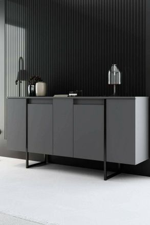 Dmora Sideboard Betel 160x35x80 cm Schwarz 4 Regale, 4 T&uuml;ren