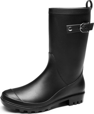 Dream Pairs Damen Gummistiefel Hohe Regenstiefel mit Verstellbarer Schnalle und niedrigem Absatz,Size 41,Schwarz,SDRB2408W-E