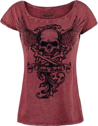 Rock Rebel by EMP Damen rotes rockiges T-Shirt in Crinkles-Waschung mit Totenkopf-Print XXL