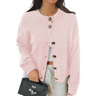 Generic Cardigan tricot&eacute; en cachemire, chandails en tricot cachemire vintage pour femmes, cardigan court boutonn&eacute; sur le devant, pull doux &agrave; col rond, rose, X
