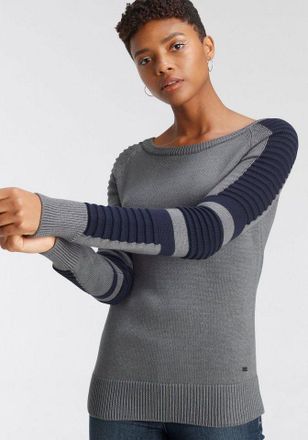 Arizona Rundhalspullover im Bikerstil mit &Auml;rmeln in Fein - und grobem Rippenstrick