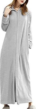 Generic Robe de chambre longue avec fermeture &eacute;clair pour femme - Peignoir en flanelle douce jacquard respirant textur&eacute; &agrave; capuche pour femme, gris, XL