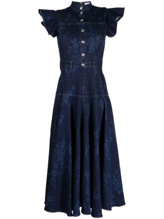 Erdem robe en jean mi-longue &agrave; volants - Bleu