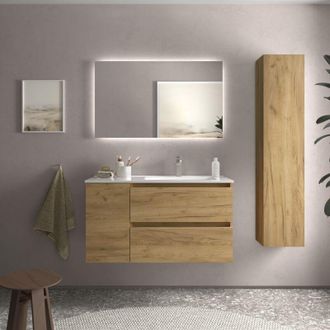 Cygnus Bath Meuble de salle de bain BEQUIA Plus 100cm Ch&ecirc;ne Vasque Porcelaine Robinet &agrave; droite