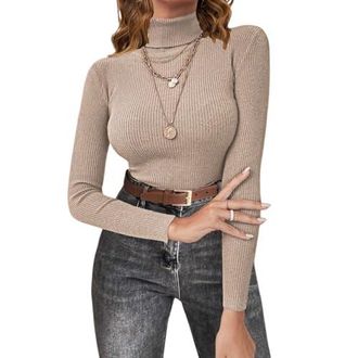 Generic Pull &agrave; col roul&eacute; pour femme, pull dhiver ajust&eacute; &agrave; manches longues en tricot c&ocirc;tel&eacute; confortable, kaki, XL