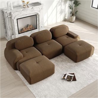 Generic Modulares Schlafsofa mit Ottomane, 3-Sitzer, modulares Cord-Sofa, ohne Montage, for Wohnzimmer, rahmenloses Sofa, mit gebogenen Armlehnen(Marrone,3S+2
