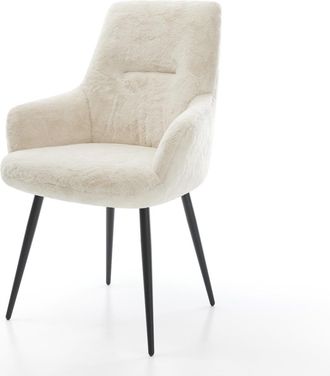 DELIFE Esszimmerstuhl Zelia-Flex mit Armlehnen Plüsch Creme-Weiß 4-Fuß konisch Schwarz Taschenfederkern, Esszimmerstühle