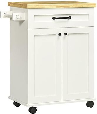 HOMCOM Desserte de Cuisine desserte à roulettes Chariot de Cuisine Multi-rangements 1 tiroir 1 Placard 1 Portes-torchons - Blanc et Plateau en Bois