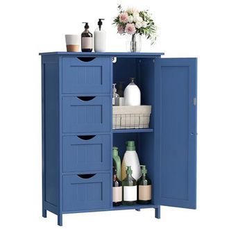 Vasagle Meuble de Salle de Bain, Armoire de Salle de Bain &eacute;troite, Organisateur, Commode, avec 4 tiroirs, Porte, &eacute;tag&egrave;re r&eacute;glable, 30 x 55 x 82 cm, Bleu Porto