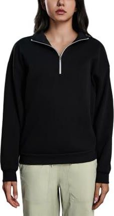 Generic Pull en molleton de coton doubl&eacute; avec demi-fermeture &eacute;clair, pull en polaire douce pour femme, Noir, 34