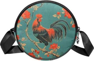 Generic Sac &agrave; bandouli&egrave;re rond pour femme, motif fleurs de coq avec fermeture &eacute;clair, bretelles r&eacute;glables, sac &agrave; main rond d&eacute;contract&eacute; pour femmes et filles