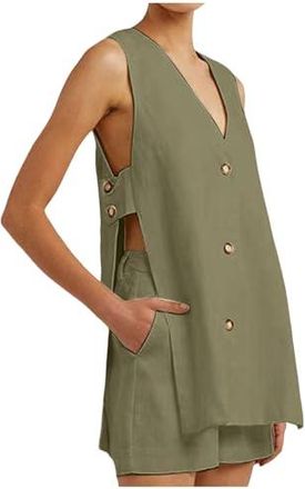 Generic Ensemble d&eacute;t&eacute; surdimensionn&eacute; en lin respirant d&eacute;contract&eacute; avec col en V boutonn&eacute; et short &agrave; taille &eacute;lastique avec poche pour sortir, Vert, XXL