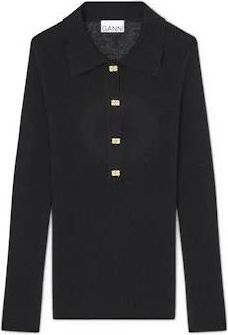 Ganni Femme, Pulls, Noir, Taille: 40 FR Sheer Wool Ribbed Polo