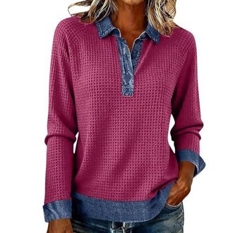 Generic Chemises &agrave; manches longues pour femmes, col &agrave; revers en denim, patchwork, sweat-shirt ample, haut de couleur, tenue pull en jean pour femme, rose vif,