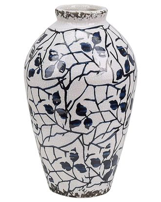 Beliani Blumenvase aus Steinzeug wei&szlig; 22 cm mit blauem Blumenmotiv wasserdicht Mallia