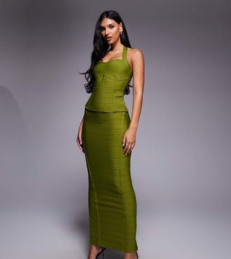 KAIIA Exclusive - Hochwertiger, formender Bodycon-Maxirock in Olivgr&uuml;n mit Bandagendesign, Kombiteil