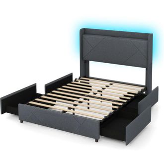 Costway Lit 140x200, &Eacute;clairage LED et Multiprise USB-C &USB-A, 4 Grands Tiroirs, 2 Poches de Rangement, avec Sommier &agrave; Latte, T&ecirc;te de Lit Rembourr&eacute;e