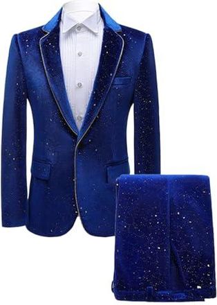 Generic Costume 2 pi&egrave;ces en velours pour homme, coupe ajust&eacute;e, smoking &agrave; un bouton, pour d&icirc;ner, f&ecirc;te, robe formelle, costume &eacute;l&eacute;gant et brillant, bleu, XXL
